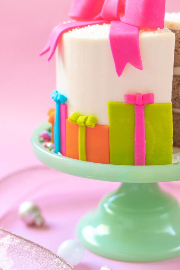 Colorful Christmas Gift Box Cake with Fondant Bow | Club Crafted