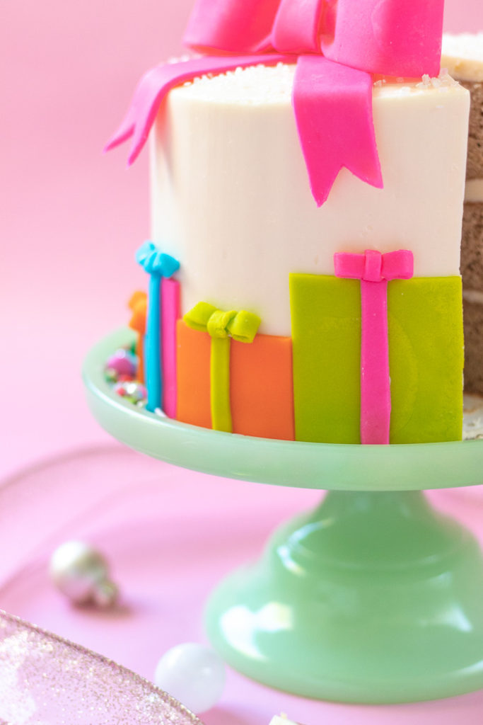 Colorful Christmas Gift Box Cake with Fondant Bow | Club Crafted