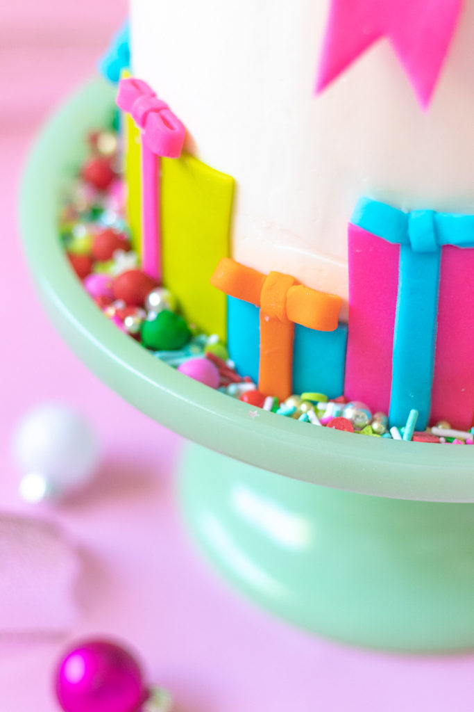 Colorful Christmas Gift Box Cake with Fondant Bow | Club Crafted