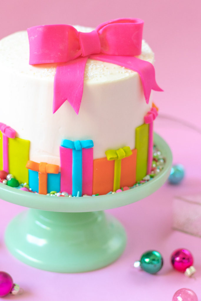 Colorful Christmas Gift Box Cake with Fondant Bow | Club Crafted