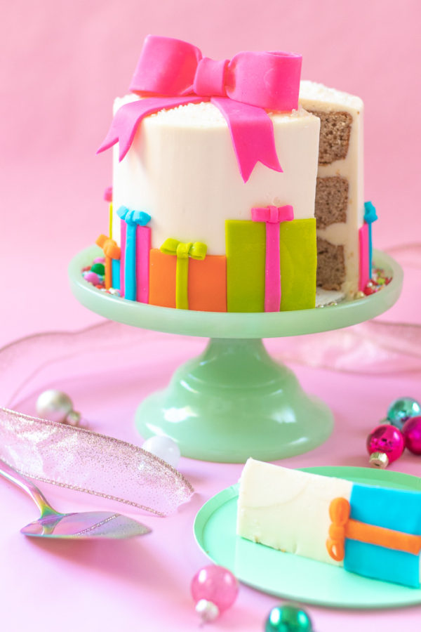 Colorful Christmas Gift Box Cake with Fondant Bow | Club Crafted